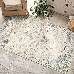 RORA Area Rug 2x3 Non-Slip Machine Washable Boho Vintage Distressed Neutral Small Entryway Rug Persian Throw Rug for Bedroom Kitchen Bathroom Low Profile