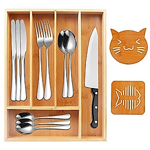 KAKUNM Kitchen Utensil Drawer Organizer Bamboo Silverware Organizer 13Inches Utensil Holder for Drawers Silverware Tray with 2pcs Insulation Pads ,Makeup Desk,Office,Living Room