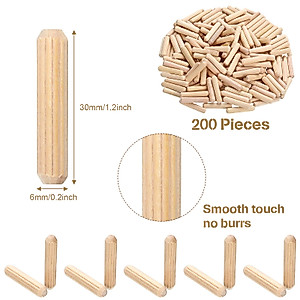 Yookeer 200 Pieces 1/4 x 1.2 Inch Fluted Wood Dowel Pins Wood Kiln Dried Fluted and Beveled Ends Tapered Straight Grooved Pins for Easy Insertion Furniture Door Crafts Projects