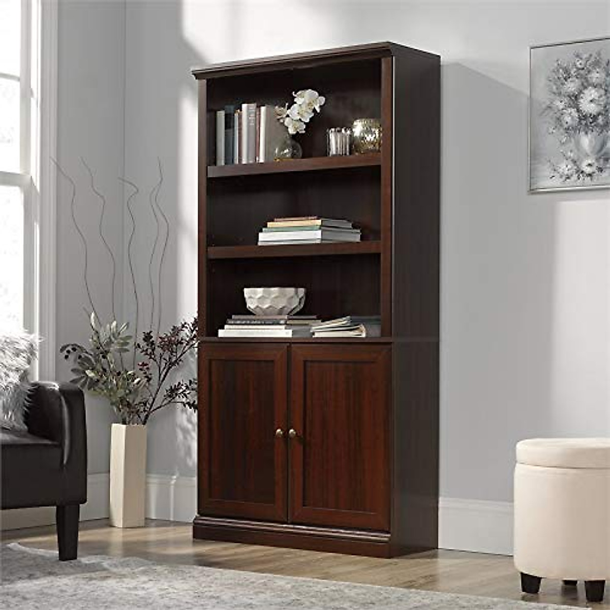 Sauder Misc Storage 3-Shelf 2-Door Tall Wood Bookcase in Cherry