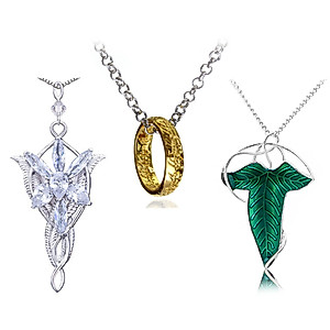 XHBTS 3 Set Lord of the Ring Elven Leaf Aragorn Arwen Evenstar Pendant Chain Necklace Princess Chain Engraved Gold Tone The Ring Pendant Necklace for Fans Cosplay Costume Jewelry