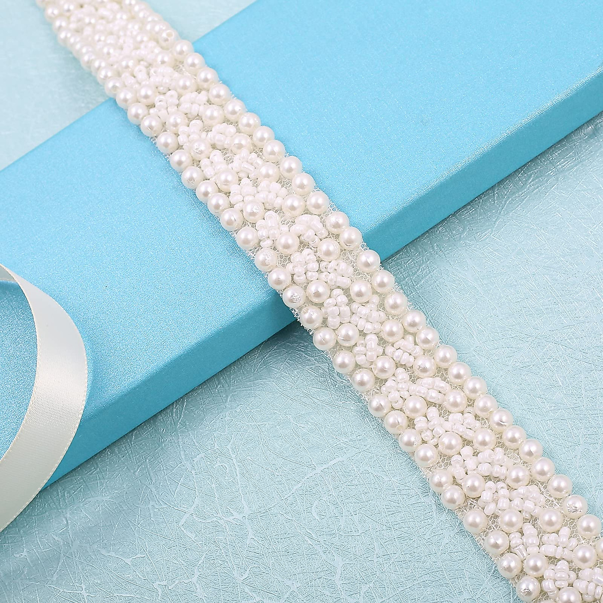 Fubney Crystal Bridal Belt Handmade Pearls Wedding Sash Belts Bridesmaid Sash for Women's Dress (ivory)