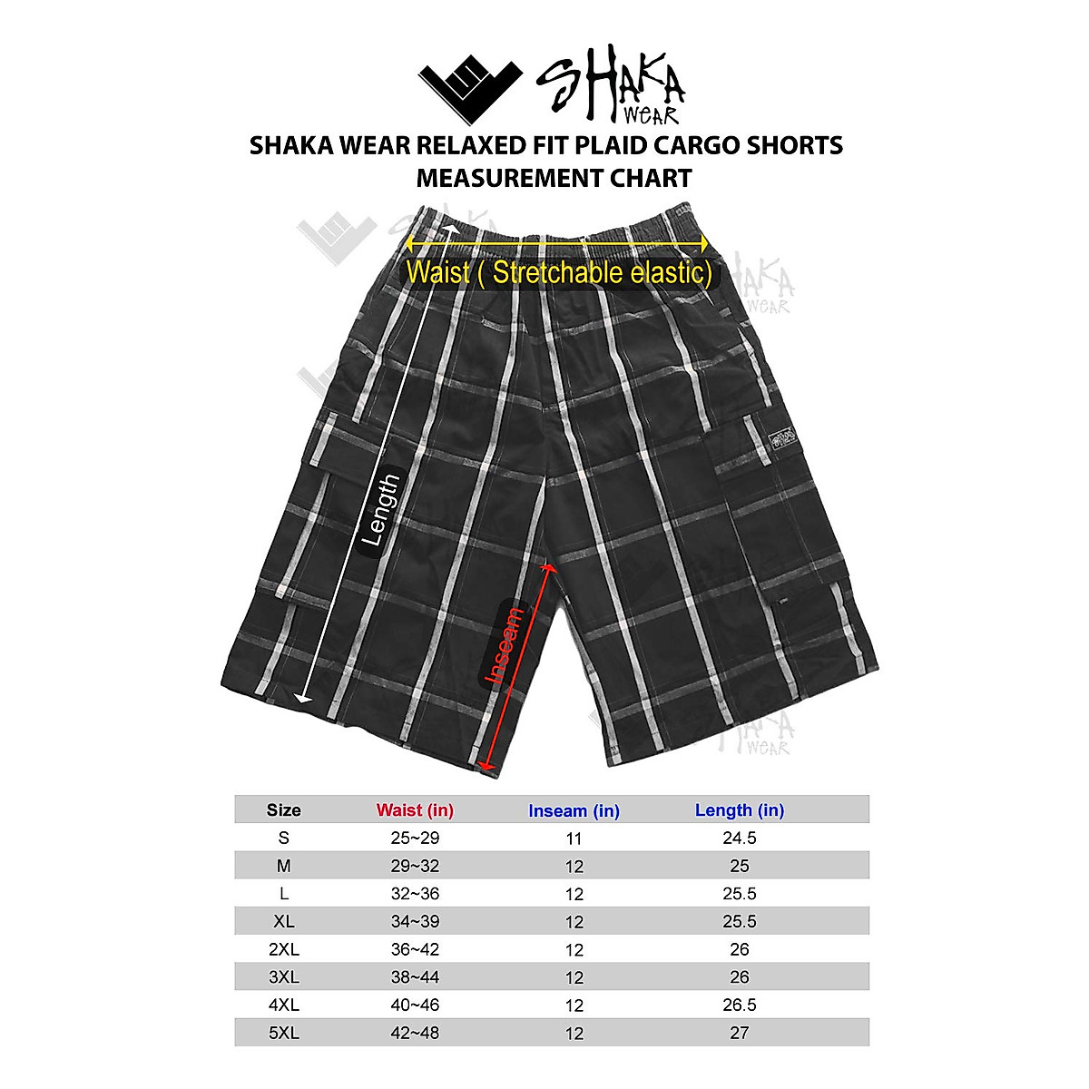 Shaka Wear Men’s Cargo Shorts – Casual Plaid Relaxed Loose Fit Elastic Waist Multi Pocket Pants Regular Big Size SP1703 Navy 2X