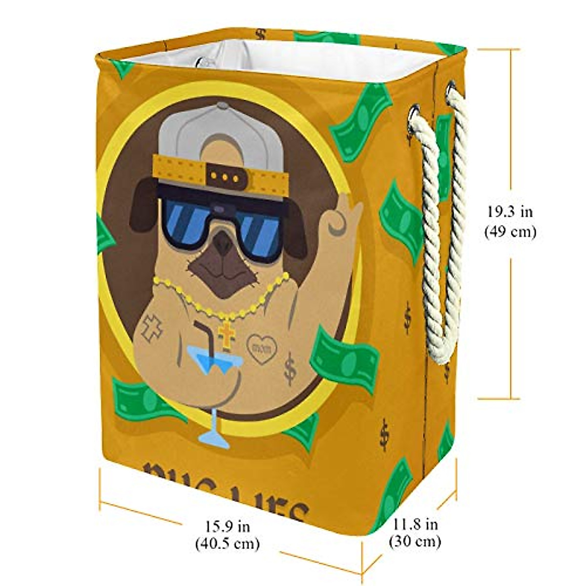 Inhomer Laundry Hamper Fun Pug Dog with Gangster Style Collapsible Laundry Baskets Firm Washing Bin Clothes Storage Organization for Bathroom Bedroom Dorm