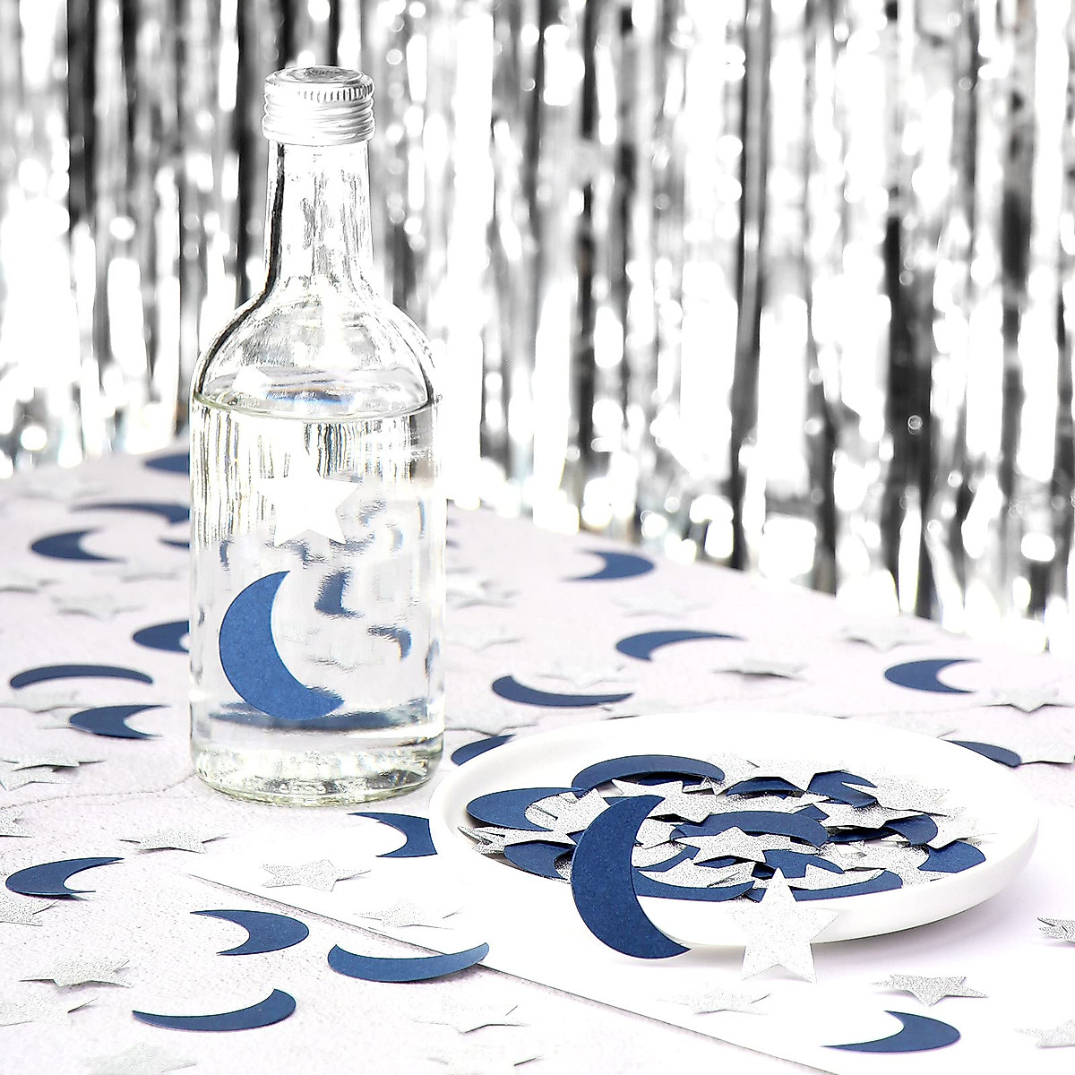 Navy-Blue Moon Silver Star Confetti - 300pcs Glitter twinkle little star Table Confetti,Ramadan Mubarak Decor Birthday Wedding Baby Shower Party Decorations Lasting Surprise