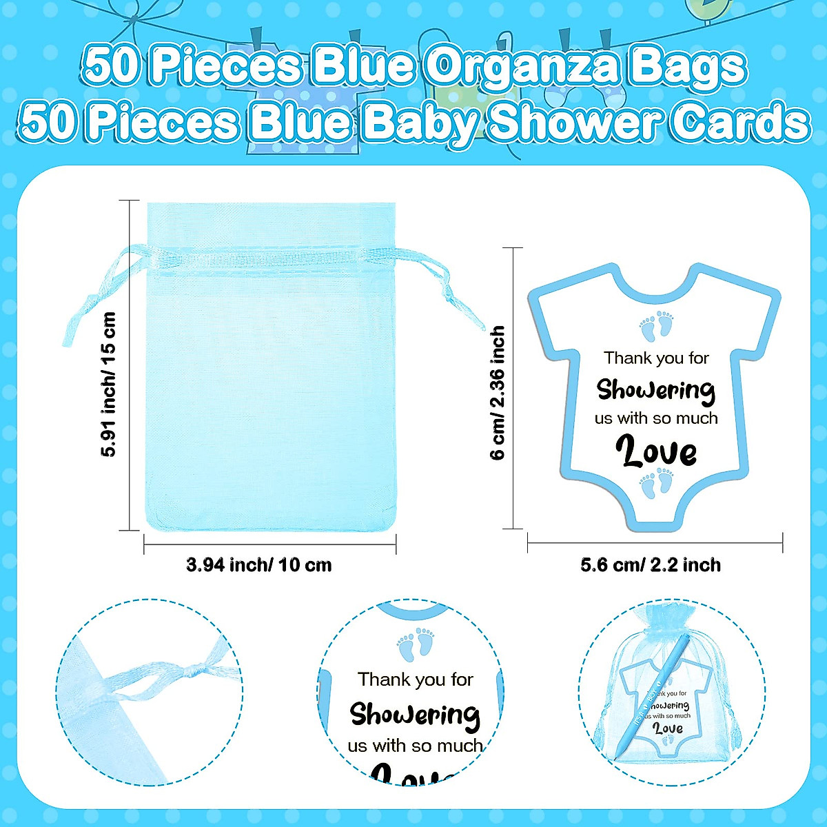 TaoBary 50 Sets Baby Shower Pens Bulk Pink It's A boy Ballpoint Pens Baby Shower Favors with Thank You Cards and Organza Bags Gender Reveal Guests Decorations