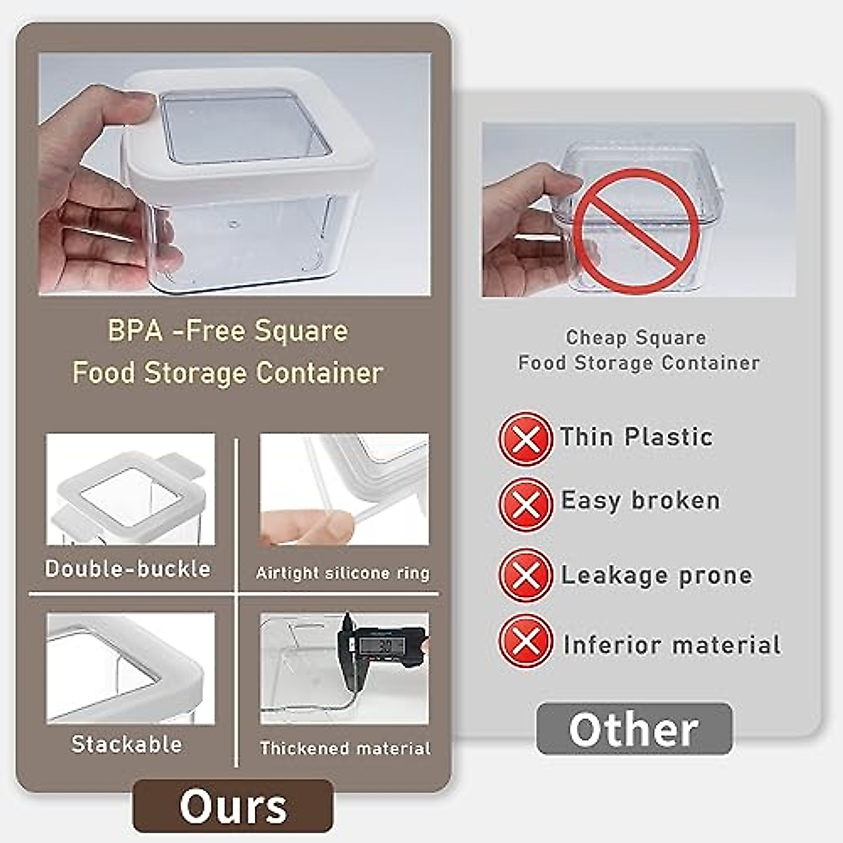 2 Pack Square Food Container Set with Lid, 0.7L Medium Pantry Airtight Storage Containers for Kitchen, BPA-Free Thick Plastic Canisters for Grains, Candies, Snacks, Cookies Container (700ml/23oz)