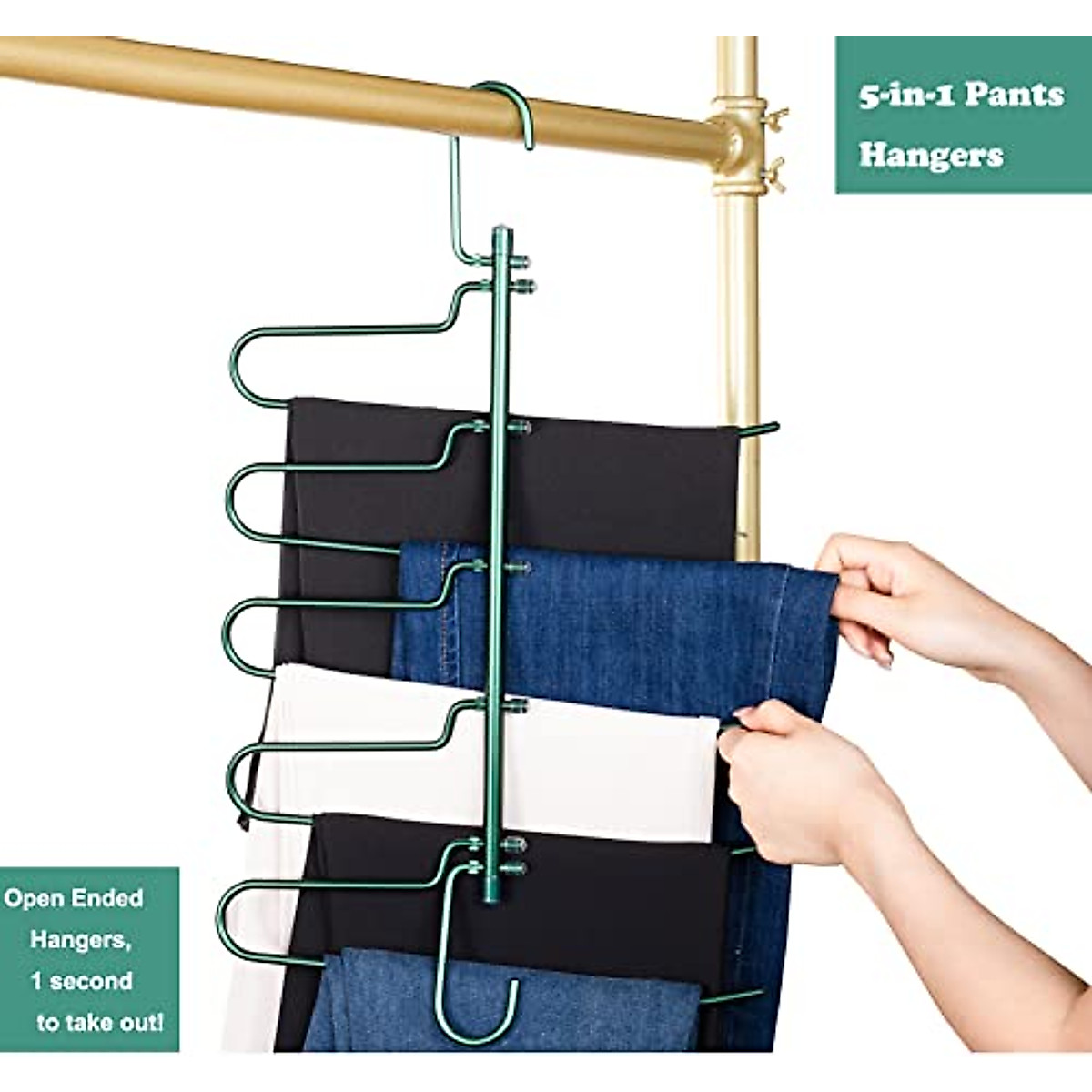 Pack of 2 Pants Hangers, 5 Layers Space Saving Jeans Hangers Detachable Clothes Trousers Hangers for Slacks Scarf Jeans + 2 Space Saving Magic Hangers - Closet Wardrobe Clothes Organizers