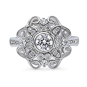 BERRICLE Sterling Silver Halo Round Cubic Zirconia CZ Flower Cocktail Fashion Ring for Women, Rhodium Plated Size 5