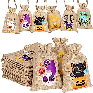 DIYDEC 36pcs Halloween Burlap Gift Bags, Halloween Jute Linen Burlap Treat Candy Goodies Drawstring Bags for Halloween Favors Supplies