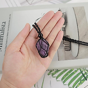 Anjiucc Natural Gemstone Crystal Raw Amethyst Pendant Necklace Stone Holder Necklace Cord Hand-Woven Necklace with Adjustable Length for Women Men