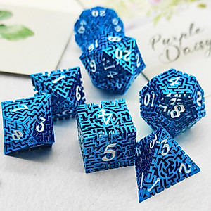 DND Polyhedral Hollow Metal Dice Set RPG Maze Design D&D Dungeons and Dragons D and D MTG Weighted Pathfinder Board Game D4 D6 D8 D10 D% D12 D20 (with Free Metal Storage Box) Dice-Blue
