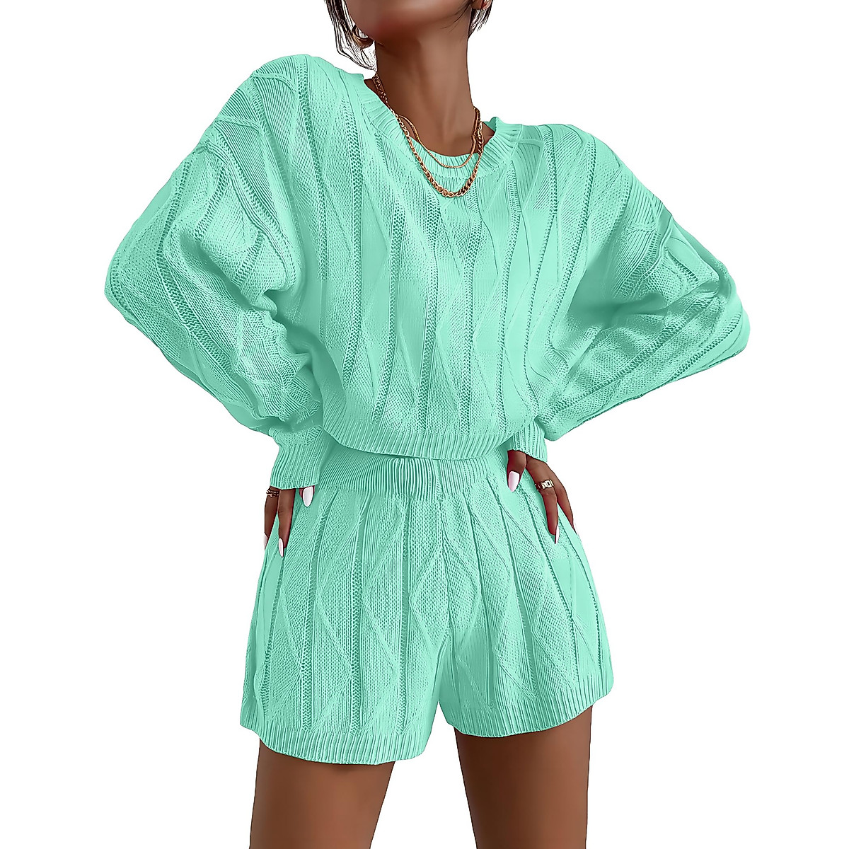 Ekouaer Knit Lounge Sets for Women 2 Piece Cozy Long Sleeve Pullover Sweater Top and Shorts Set Sweatsuit Outfits Mint Green Large