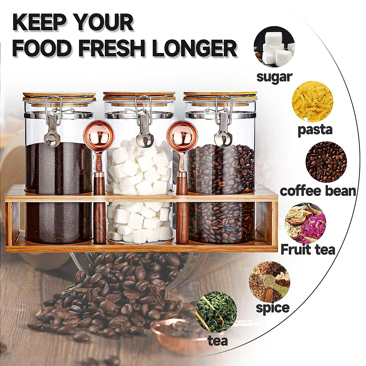 GURUDAR Glass Coffee Storage Container with Bamboo Shelf, 3PCS 49oz Airtight Sealed Coffee Bean Jar with Clamp Lid & Measuring Spoon, Kitchen Pantry Canister Set for Ground Coffee Sugar Tea Flour