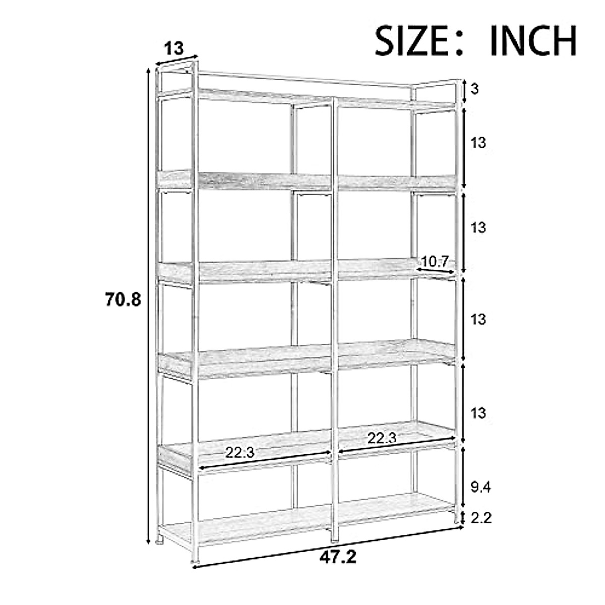 MENGK 70.8 Inch Tall Bookshelf MDF Boards Stainless Steel Frame, 6-Tier Shelves with Back&Side Panel, Adjustable Foot Pads, Brown
