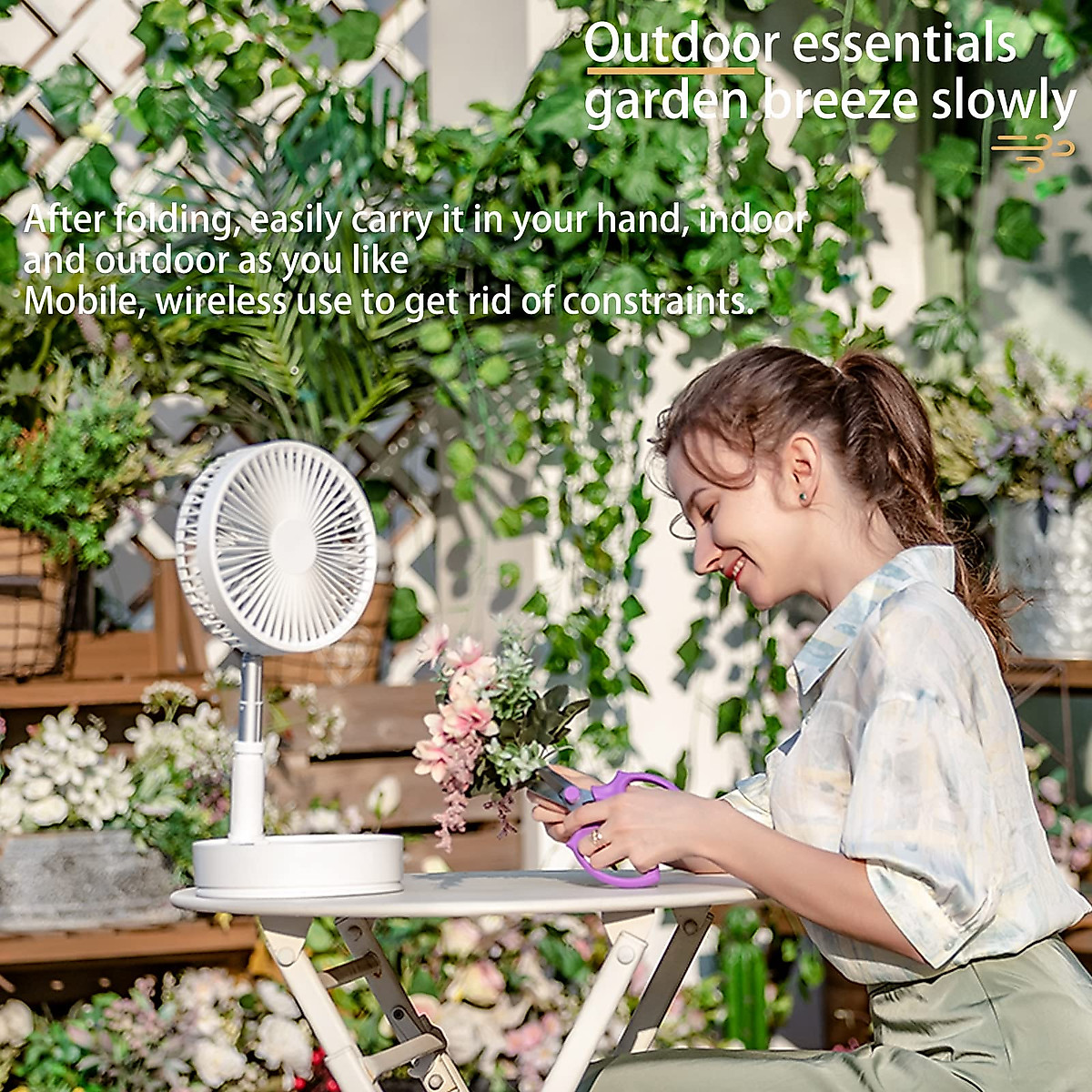 Greheywos 8 inch cordless folding fan / table fan, 75-Degree Automatic oscillating, Adjustable in height and angle, 4 kinds of wind speed adjustment, 7200mAh battery, With remote control and timing function, ultra-quiet, Cordless Pedestal Fans for home, c