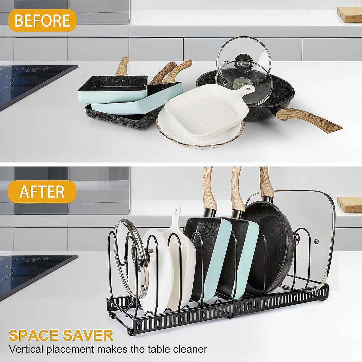 Expandable Pots and Pans Organizer Rack for Cabinet【Updated】10 Dividers, Adjustable Pot Pan Lid Holder, Multi-Functional Frying Pan Drying Rack, Cutting Board Holder Rack(Black)