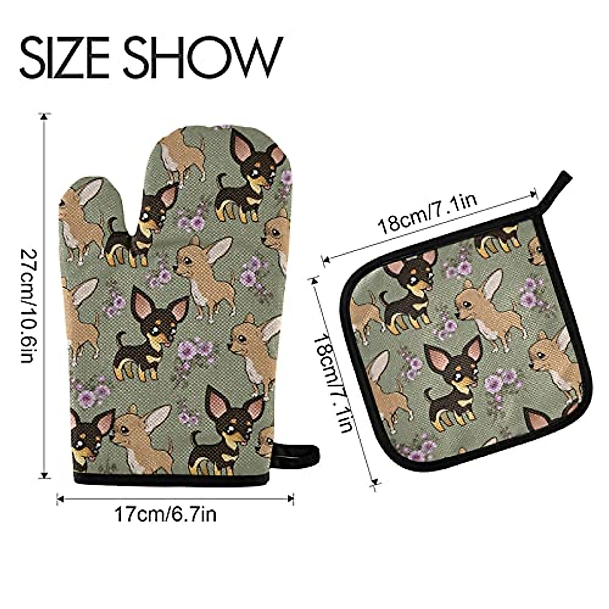 Oven Mitts and Pot Holders Set High Insulated Oven Gloves with Heat Insulation Pad Cute Chihuahua Flower Soft Cotton Lining and Non-Slip Surface Kitchen Mitten for Safe BBQ Cooking Baking