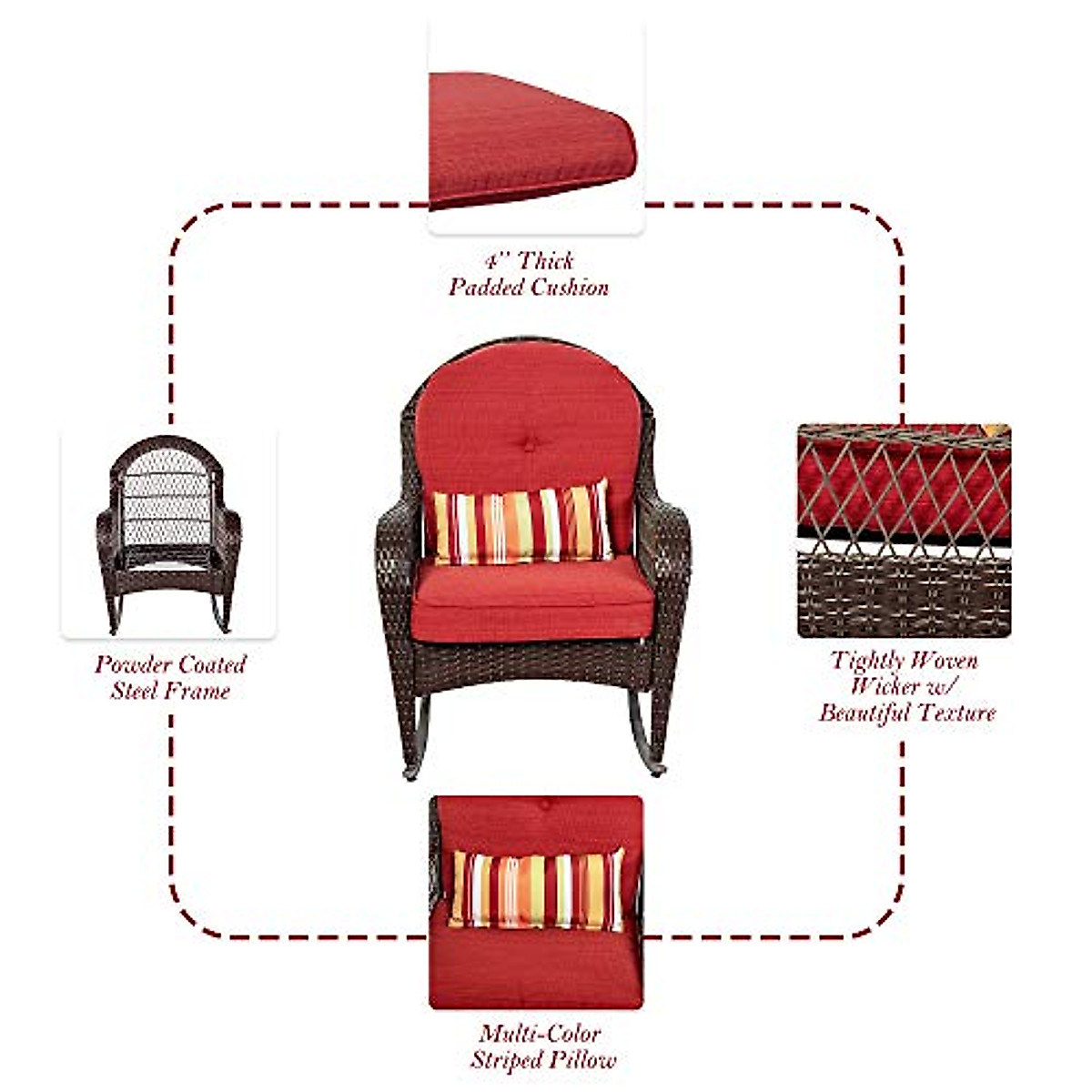 Sundale Outdoor Rocking Chair, Patio Wicker Rocker Chair with Olefin Cushions and Pillow, Rocking Lawn Chair Wicker Patio Furniture - Steel Frame, Brown, Red