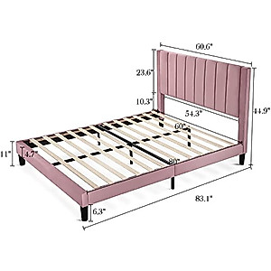 HOOMIC Queen Size Platform Bed Frame with Velvet Upholstered Plush Vertical Channel Headboard, No Box Spring Needed, Easy Assembly,Pink