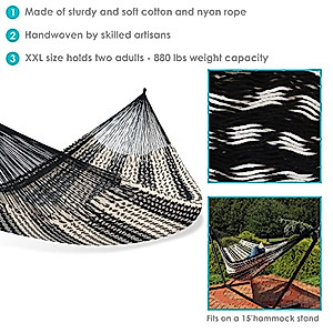 Sunnydaze Mayan Family Hammock Hand-Woven XXL Thick Cord, Heavy-Duty 625-Pound Capacity, Black/Natural