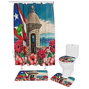 4 Piece Shower Curtain Sets Puerto Rico Flag Frog with Awesome Hibiscus Ocean Coastal Architecture Include Non-Slip Rug,Toilet Lid Cover,Bath Mat& Shower Curtain Waterproof with 12 Hooks for Bathroom