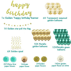 Teal Gold Birthday Decorations for Women Girls,Happy Birthday Banner,Paper Pompoms,Teal Gold Balloons,Hanging Swirl,Star String,suit for 13th 15th 16th 18th 20th 30th 40th 50th Birthday party