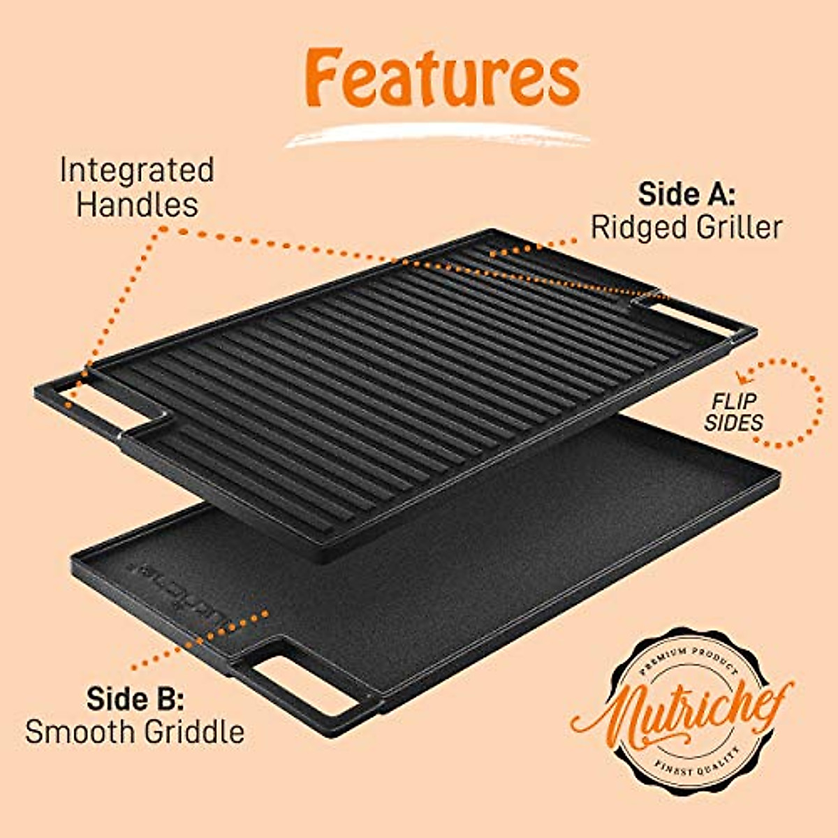 NutriChef Cast Iron Reversible Grill Plate - 18 Inch Flat Cast Iron Skillet Griddle Pan For Stove Top, Gas Range Grilling Pan w/ Silicone Oven Mitt For Electric Stovetop, Ceramic, Induction.