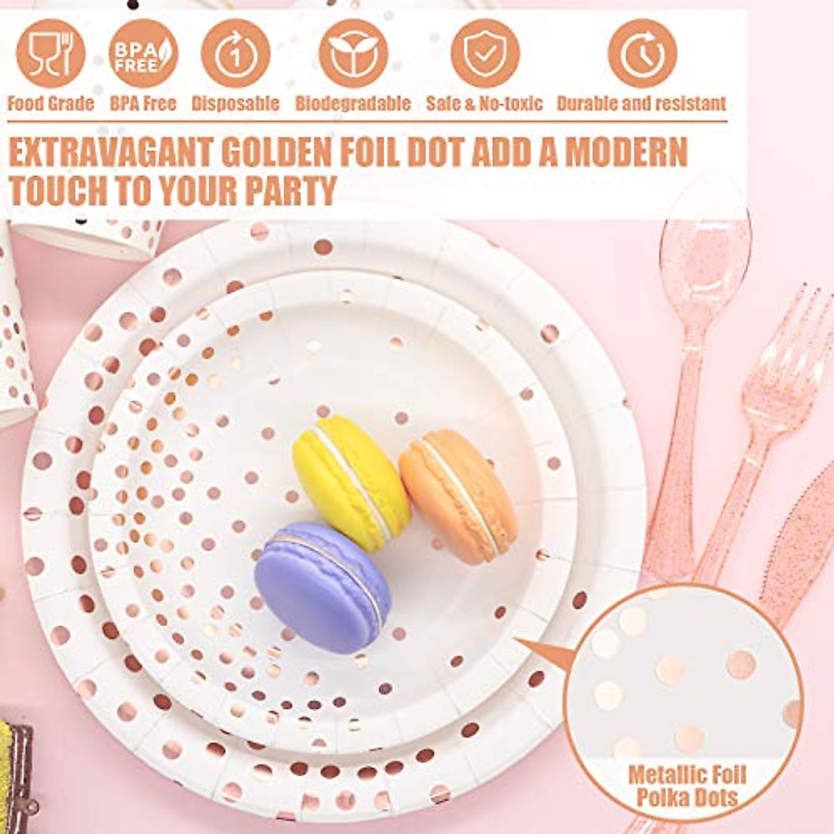 Partylamb White & Rose Gold Party Supplies, 350 PCS Disposable Dinnerware Set with Plates Napkins Cups Forks Knives Spoons for Birthday Baby Bridal Shower Valentine Wedding Party(A1.White & Rose Gold)