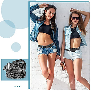 Geyoga Rhinestone Western Belt Bling Studded belts for Women Cowgirl Cowboy Leather Diamond Belt Vintage Waist Belt for Jeans Dress (Black, 39.4 Inch)