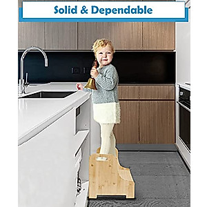 Garbuildman 2 Step Stool for Kids, Bamboo Toddler Stepping Stool with Handles for Children, Detachable Small Bathroom Toilet Potty Training & Kitchen Kid’s Learning Step Stool