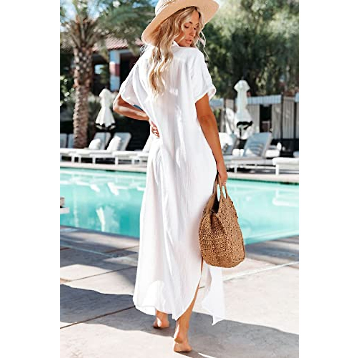 Dokotoo Womens Summer Beach Button Down Kimonos Long Cardigan Short Sleeve Side Split Casual Solid Loose Fit Bathing Suit Swimsuit Cover Ups for Women White Small