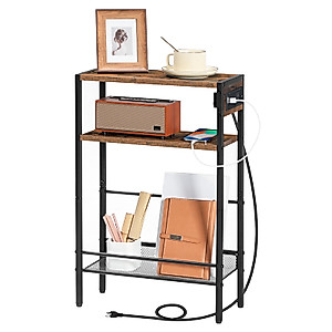 HOOBRO Small Narrow Side Table with Charging Station, Skinny End Table for Small Spaces, Slim Nightstand with USB Ports Outlet, Sofa Beside Table with Storage Shelf, Rustic Brown and Black BF102UBZ01