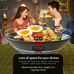 Japanese Ramen Bowl Set (8 pcs, ceramic) with chopsticks, spoons, large 8 inches diameter, 32 oz (1 quart) | microwavable | Pho Bowls Noodle Soup Bowl Asian Rice Bowl