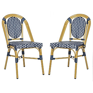 SAFAVIEH Outdoor Collection Lenda French Navy, White and Brown Stackable Bistro Chair (Set of 2)