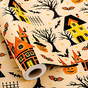 Yarcony Halloween Wrapping Paper Roll - 17 Inch X 33 Feet - Metallic Foil Classic Orange Haunted House, Pumpkin and Bat Pattern Gift Wrap Paper Sheet for Halloween's Day, Holiday Decorations, Birthday
