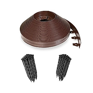 EasyFlex Tall Wall No-Dig Landscape Edging with Anchoring Spikes, 2.5 in. Tall Straight Top Plastic Garden Border with Plank Texture, 100 Foot Kit, Brown