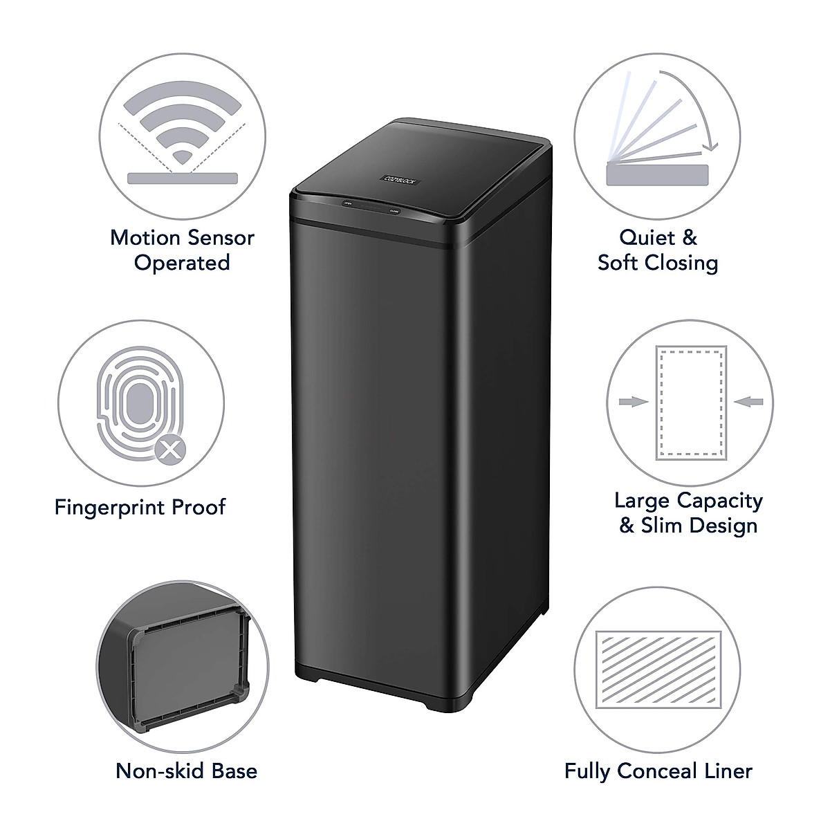 CozyBlock Automatic Trash Can for Kitchen, Black Steel Touchless Motion Sensor Bin, Wide Opening Soft Close Lid, LED Countdown Timer (13 Gallon- Slim Design)