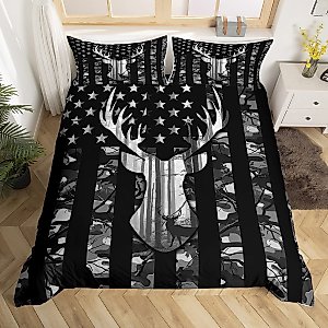 Camouflage American Flag Duvet Cover Full,Deer Antlers Silhouette Bedding Set,Wild Animal Natural Comforter Cover 3 Pcs for Kids Teens Adults Room Decor,Black Grey Camo Quilt Cover with 2 Pillowcases