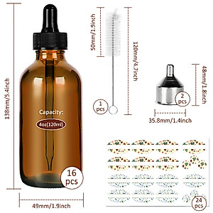 CycleMore 16 Pack (120 ml) 4 oz Amber Glass Boston Bottles with Glass Eye Droppers, Glass Dropper Bottles for Essential Oils & Lab Chemicals & More Liquids Ideal for Mom & Friends