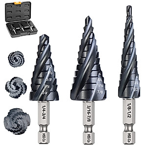Matework M35 CobaltStep Drill Bit Set, Four Spiral Flute Unibit Step Drill Bits (1/8"-7/8") Wear-Resistant TiAlN Coated, 1/4" Hex Shank for Metal, Carbon Steel, Stainless Steel, Wood, Plastic (3Pcs)