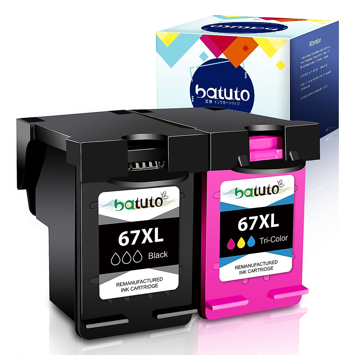 batuto Remanufactured Inkjet for HP 67 3YM59A 3YM58A (Black Tri-Color 2 Pack) Replacement for HP Envy Pro 6452, 6455, 6458, HP DeskJet 1255, 2732, 2752, 2755, HP DeskJet Plus 4140, 4152