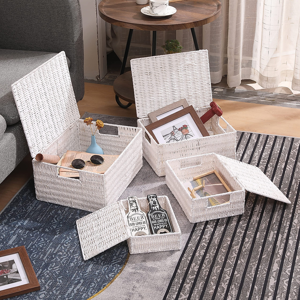 4 Set of Storage Baskets (Pearl White) - Rattan Decorative Box & Closet Organizers and storage & Basket with Lid & small basket with lid, decorative baskets for Clothes, Toys, Books