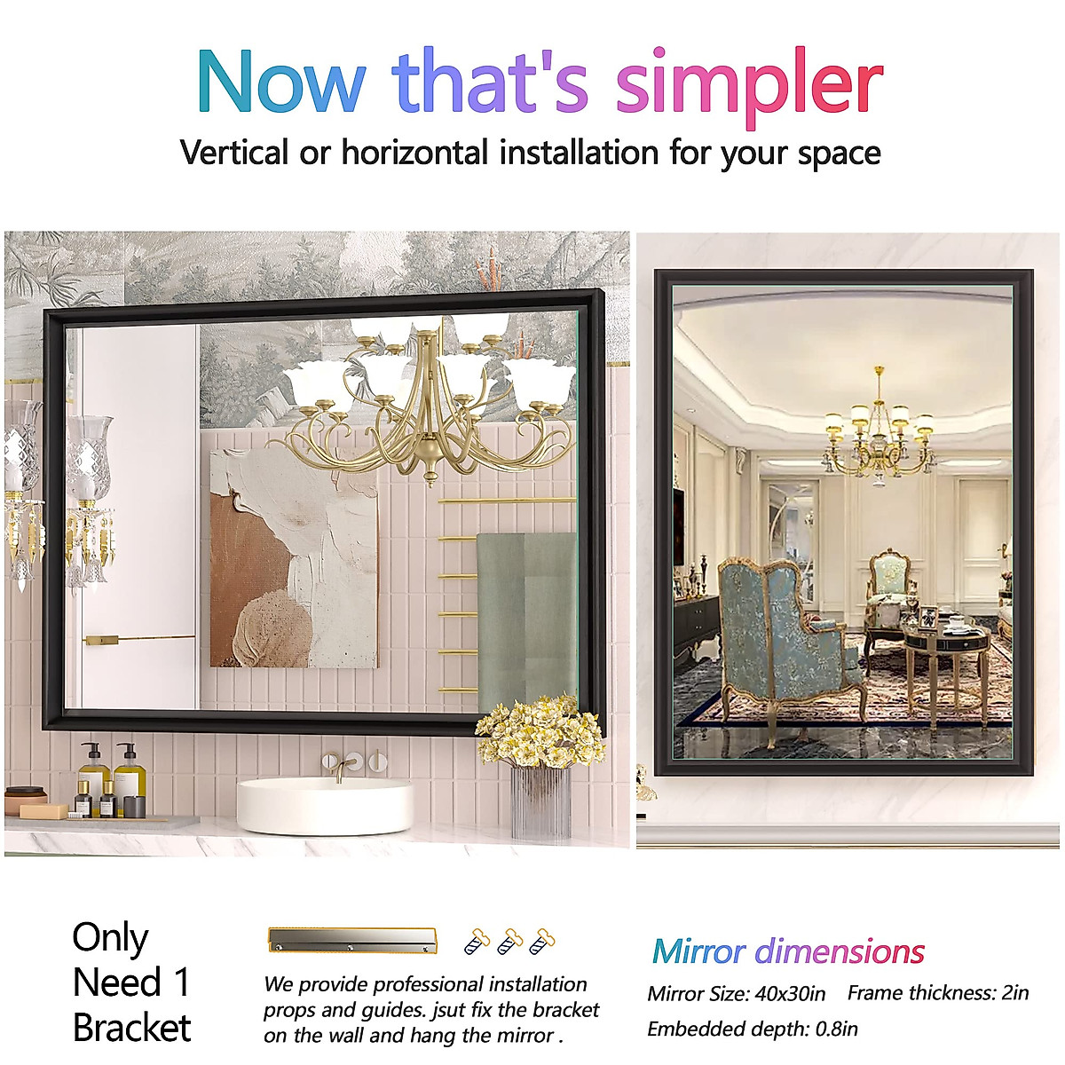 Vosuja 40 x 30 Inch Bathroom Mirrors for Wall, Black Bathroom Mirror, Wall Mirror for Bathroom in Aluminum Alloy Metal Frame (Horizontal/Vertical)