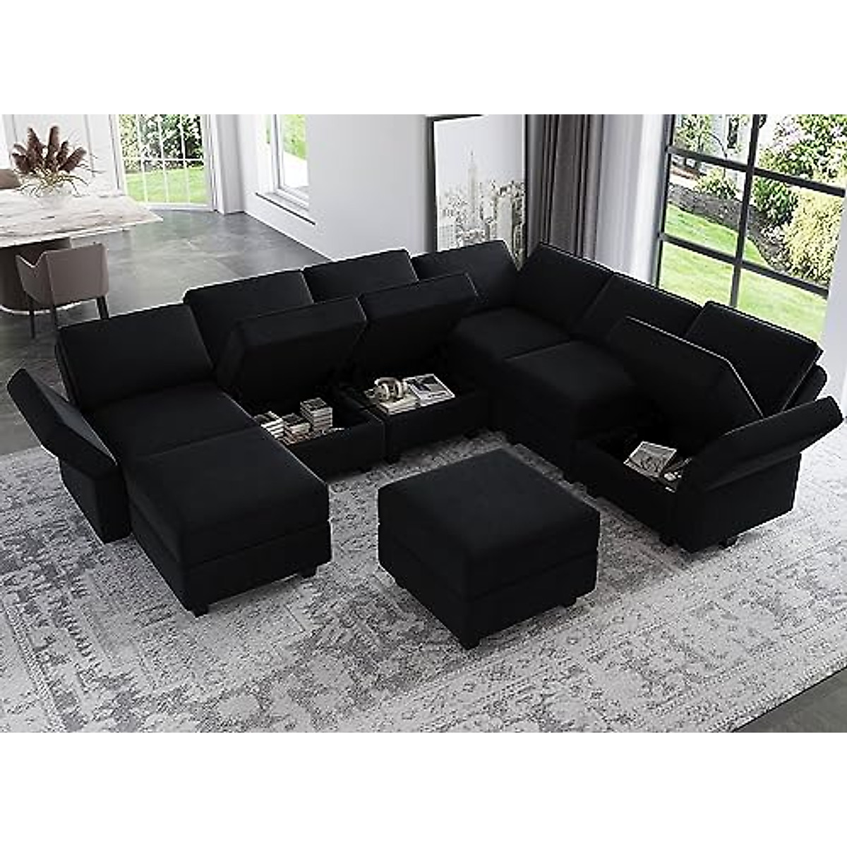 Belffin Modular Sectional Sofa with Storage Seat Oversized U Shaped Couch with Reversible Chaise Sofa Set with Ottoman Velvet Black