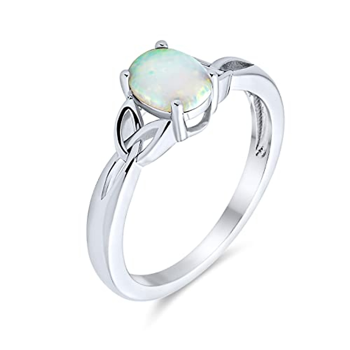Bling Jewelry Personalize Dainty BFF Triquetra Celtic Love Knot Oval White Created Opal Ring Promise For Teen For Women .925 Sterling Silver Customizable