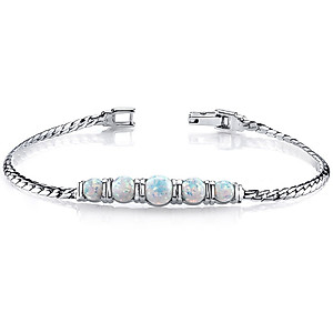 PEORA Created White Fire Opal 5-Stone Bracelet for Women 925 Sterling Silver, 3.75 Carats total Round Shape, 7 1/2 inch length