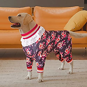 LovinPet Dog Pajamas for Large Dogs, UV & Post Operative Protection, 4 Legged High Collar Dog Onesies,Lightweight Stretchable Large Floral Plum Prints Large Dog Pajamas as Base Shirt for Dog Dresses M