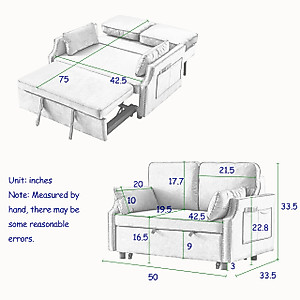 Sleeper Sofa Bed 3-in-1 Futon 2-Seater Loveseat with Nailhead Design and Side Storage Pockets,Soft Pillows,Multipurpose Velvet Sleeper Sofa Bed,Gray