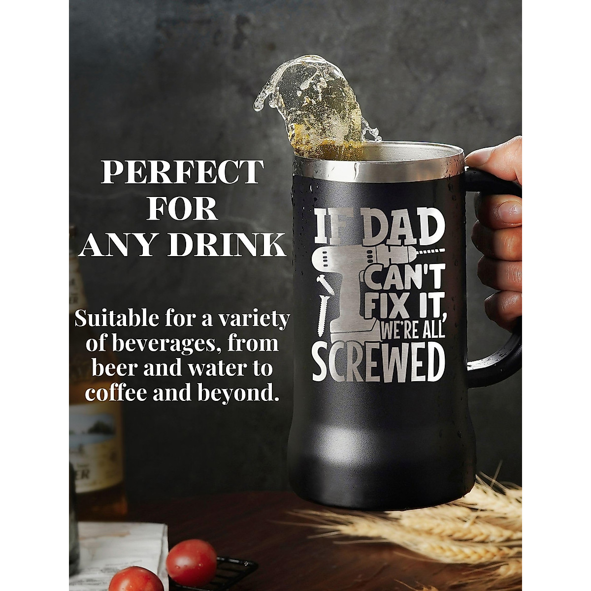 Onebttl Dad Fix Gifts from Daughter Son, Stainless Steel Beer Stein Tumbler, 24oz Beer Mug with Lid for Father's Day